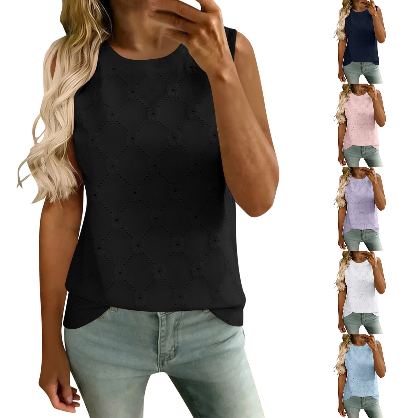 Ashirexll Tops for Women Trendy Round Neck Sleeveless Ruffle Hem ...