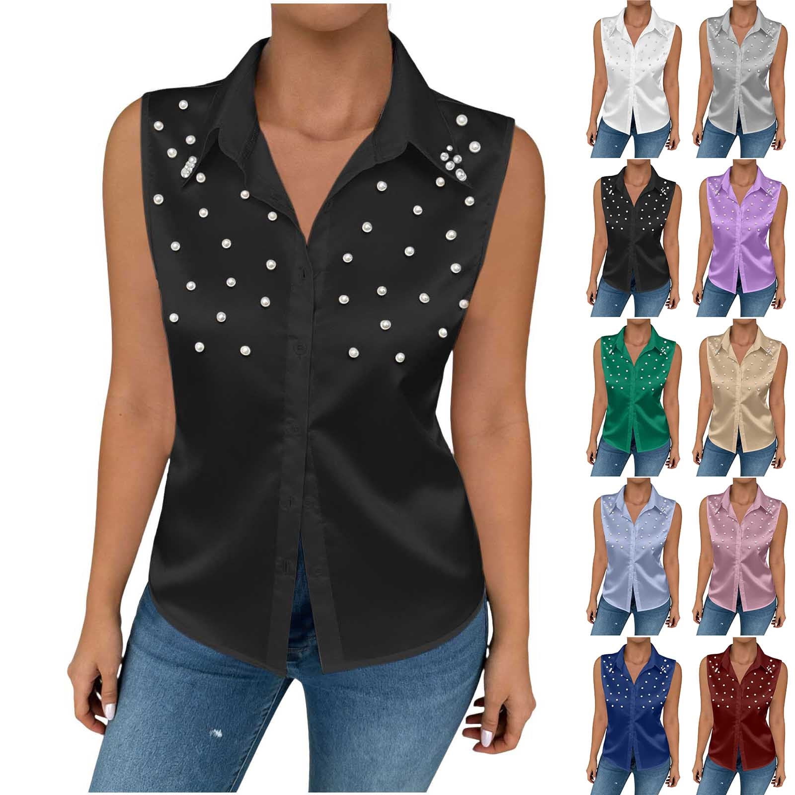 Ashirexll Tops for Women Trendy Satin Sleeveless Button Front Top with ...