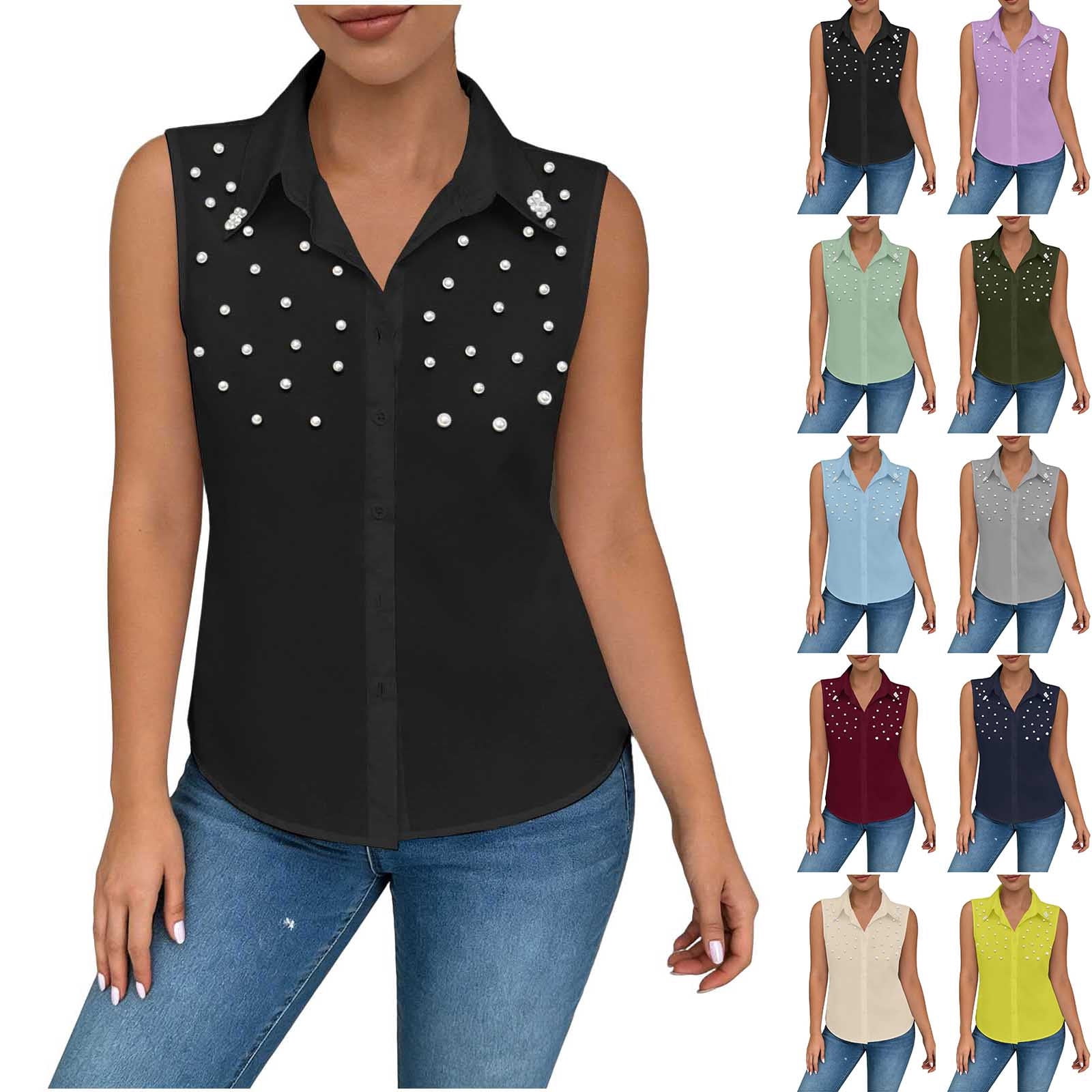 Ashirexll Tops for Women Trendy Satin Sleeveless Button Front Top with ...