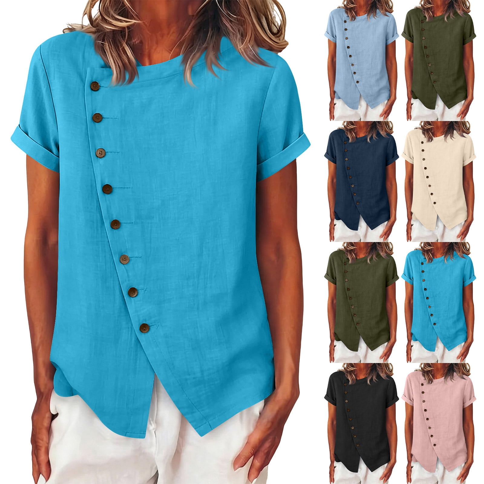 Ashirexll Tops for Women Trendy Short Sleeve Round Neck Asymmetrical ...