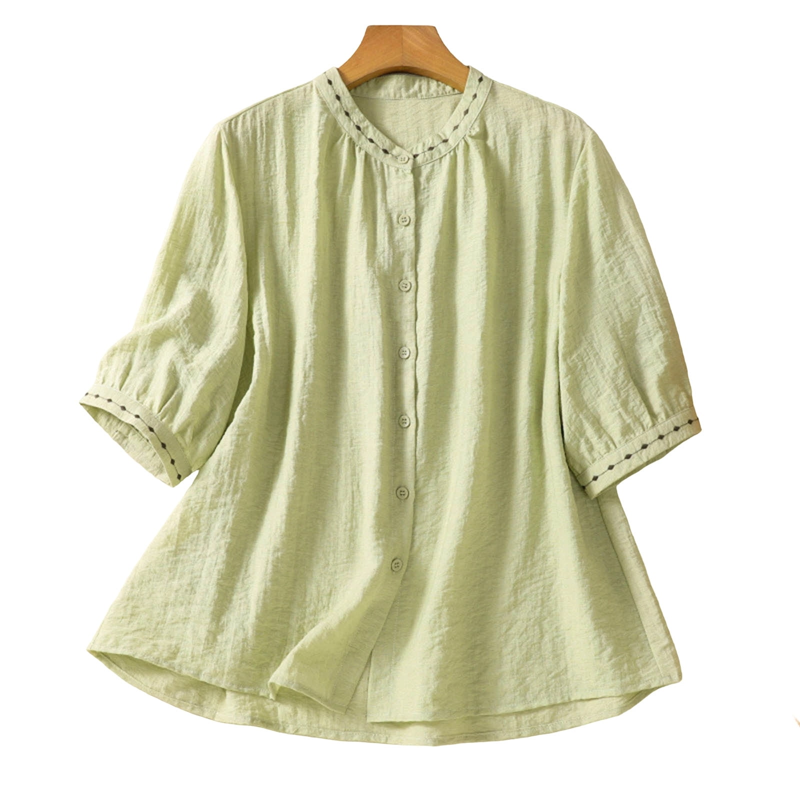 Ashirexll Tops for Women Trendy Solid Button Elbow Sleeve Round Neck ...