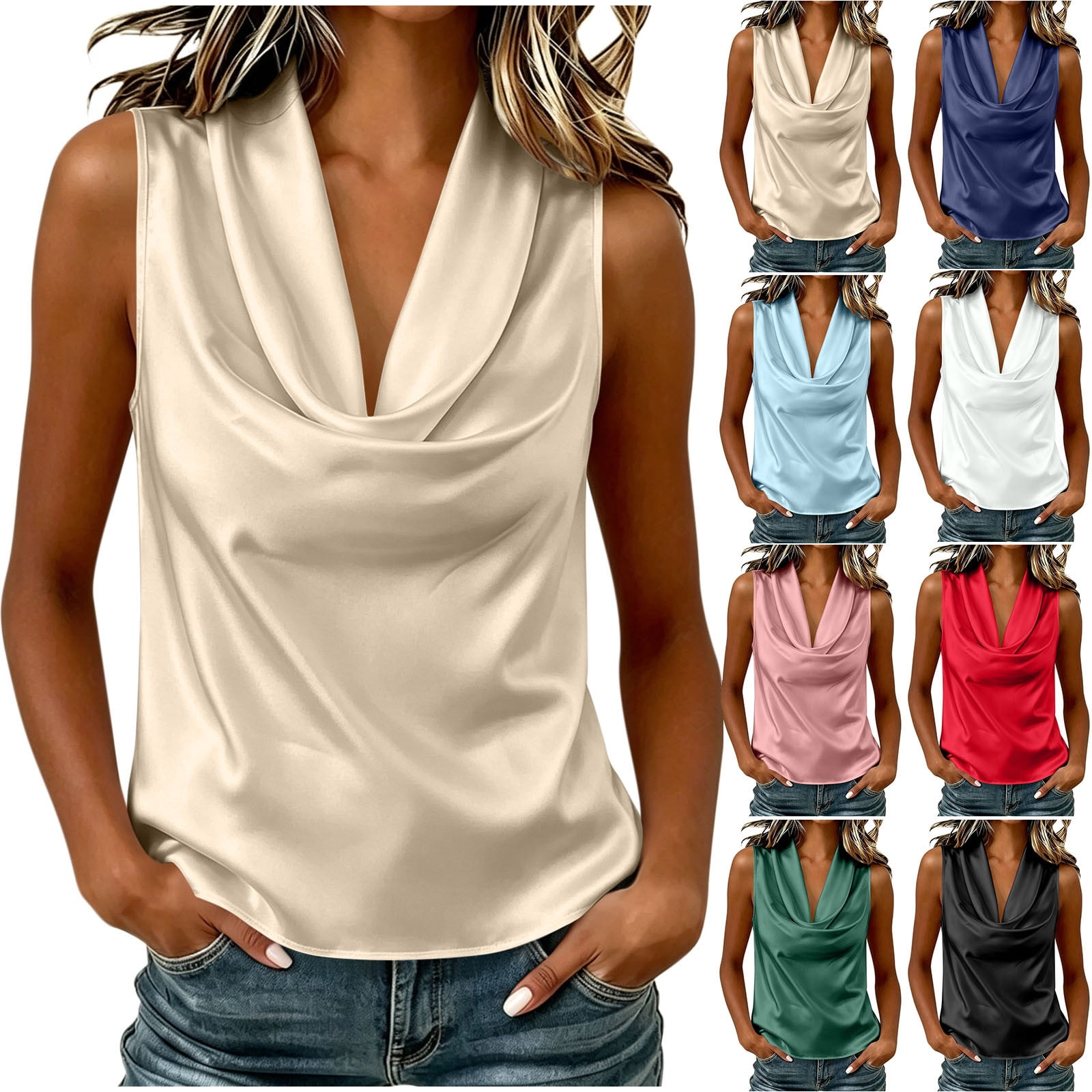 Ashirexll Tops for Women Trendy Solid Color Draped Cowl Neck Sleeveless ...