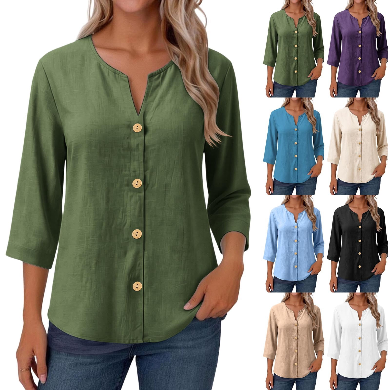 Ashirexll Tops for Women Trendy Solid Color V-Neck Button Short Sleeve ...