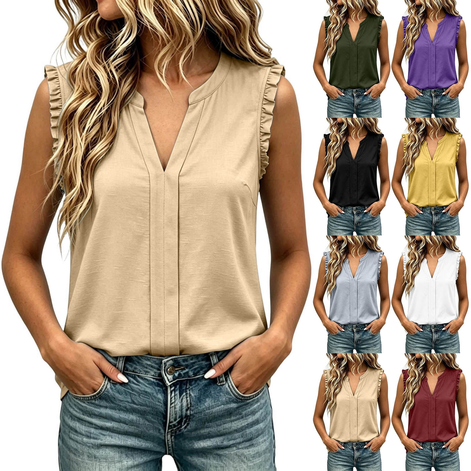 Ashirexll Tops for Women Trendy Summer Casual Loose V-Neck Pleated ...