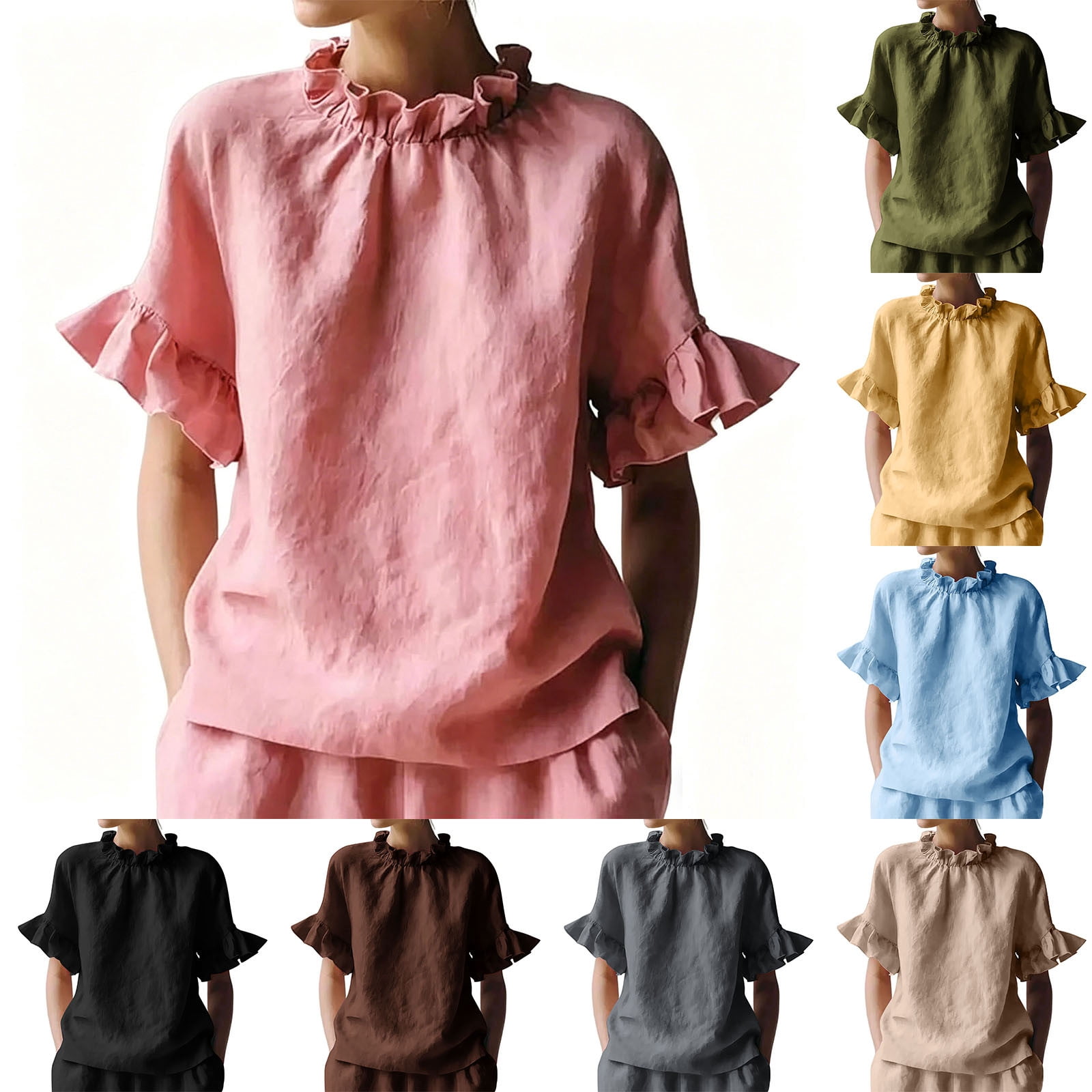 Ashirexll Tops for Women Trendy Summer Linen Lace Collar Short Sleeve ...
