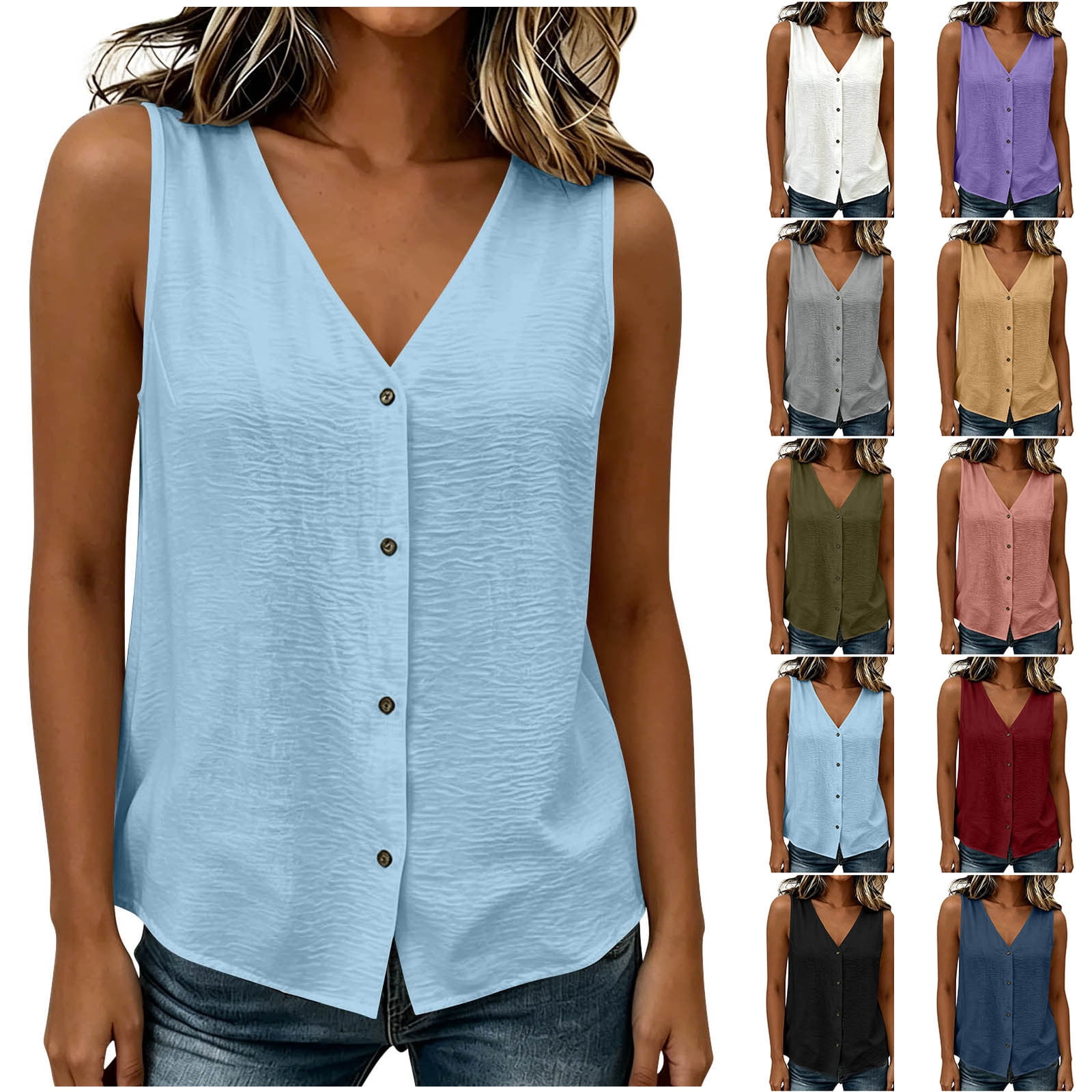 Ashirexll Tops for Women Trendy Summer Solid Color Casual V-Neck Button ...