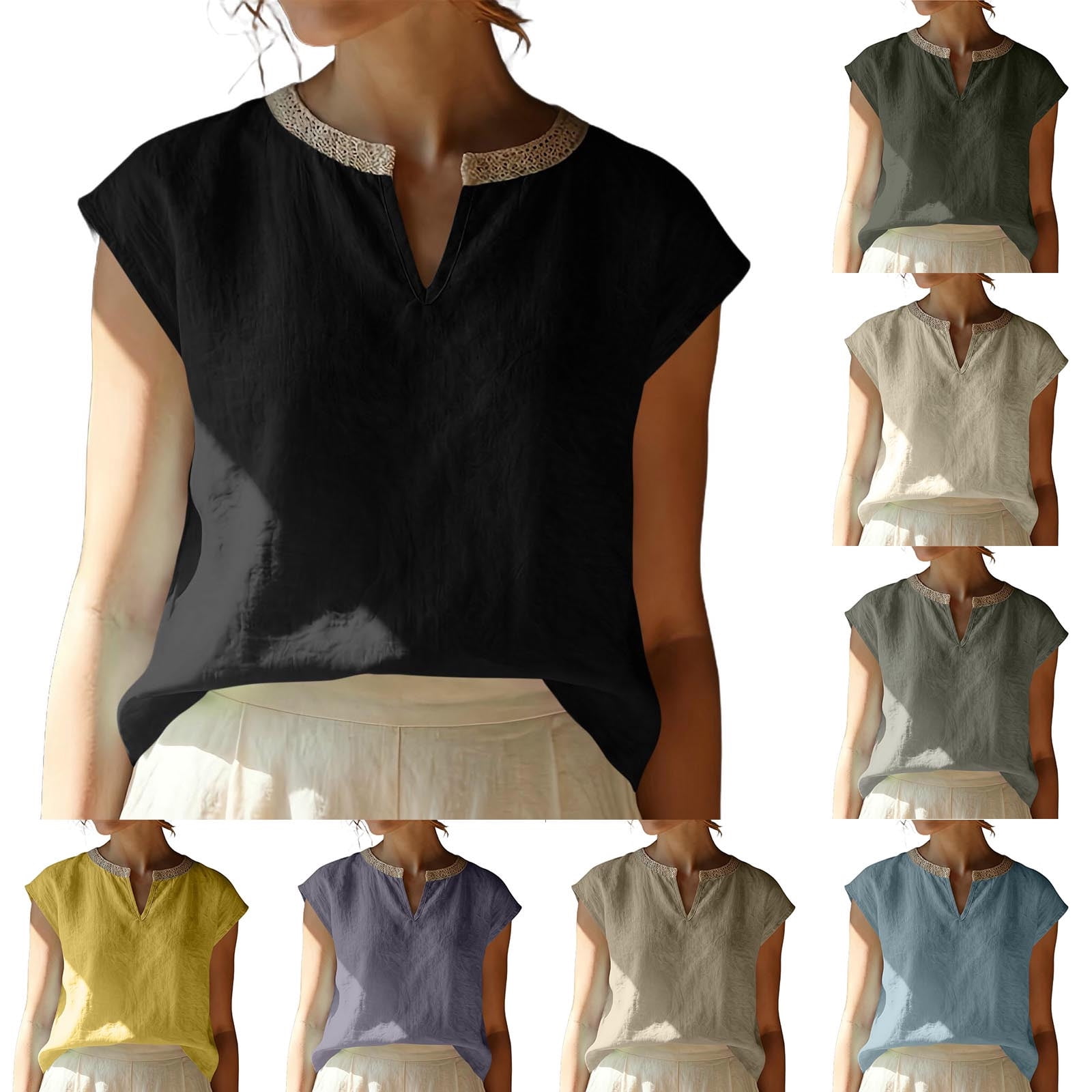 Ashirexll Tops for Women Trendy V-Neck Lace Linen Sleeveless Top and ...