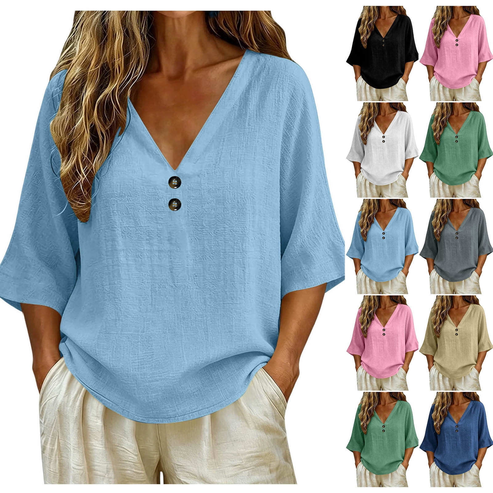 Ashirexll Tops for Women Trendy V-Neck Linen Button Up Shirt Jacket T ...