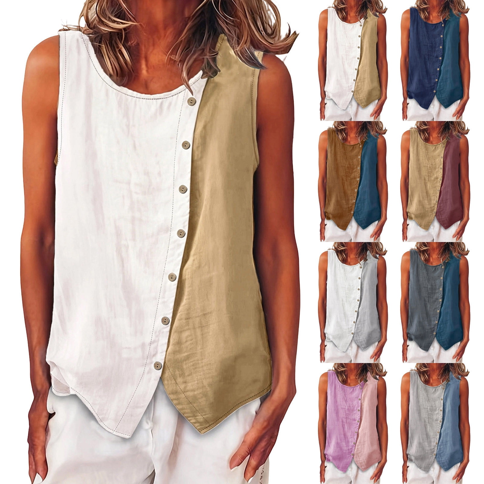 Ashirexll Womens Casual Tops Bohemian Style Sleeveless Button Loose ...