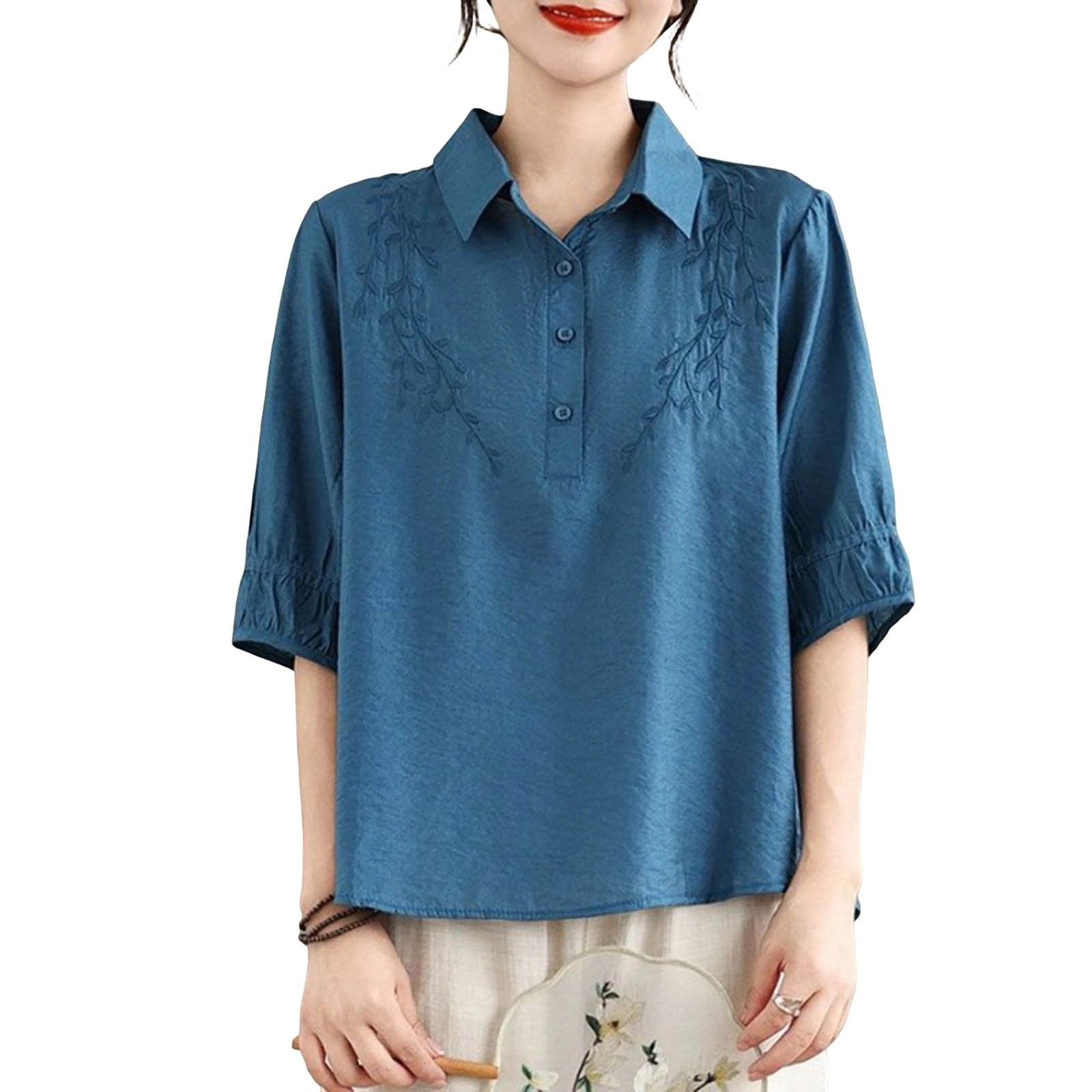 Ashirexll Womens Casual Tops Button Elbow Sleeve Embroidery Turndown ...