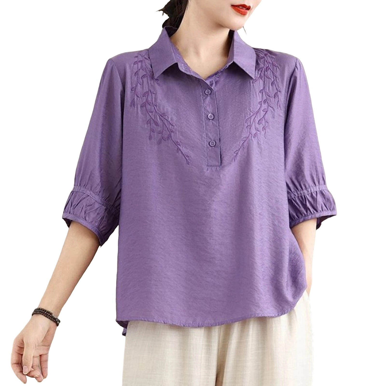 Ashirexll Womens Casual Tops Button Elbow Sleeve Embroidery Turndown ...