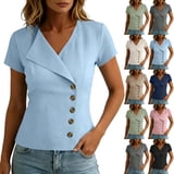 Ashirexll Womens Casual Tops Button Solid Color Linen Short Sleeve Top ...