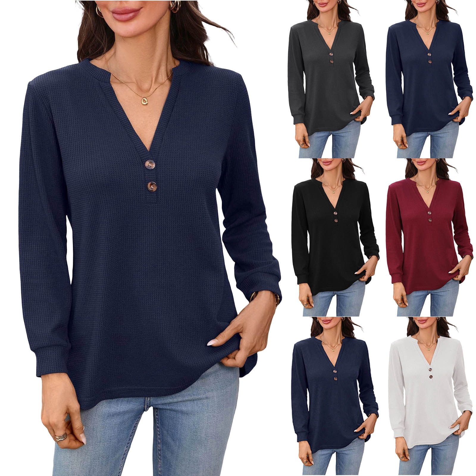 Ashirexll Womens Casual Tops Deep V Neck Solid Color Button Front ...