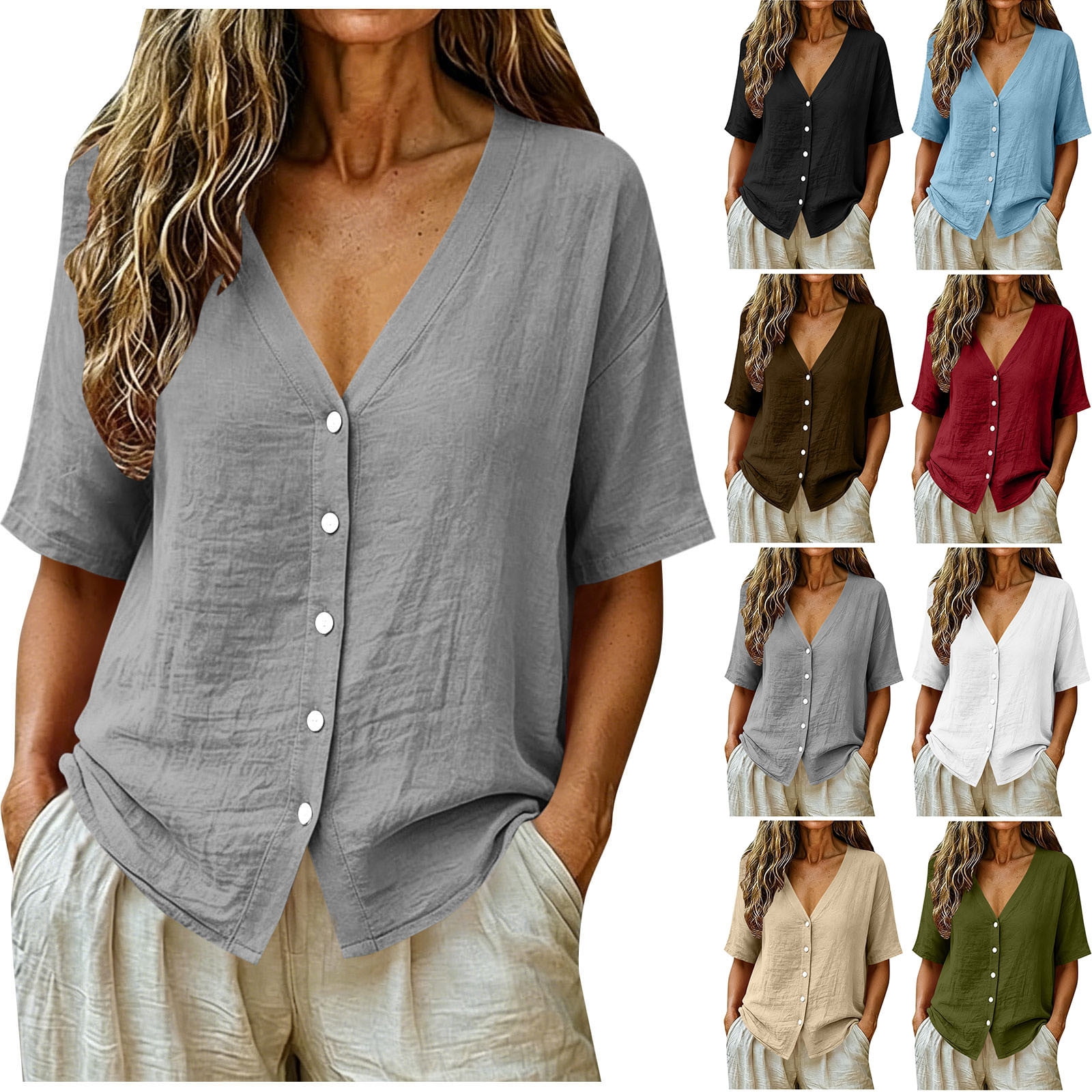 Ashirexll Womens Casual Tops Fashion Casual Solid Color V-Neck Button ...