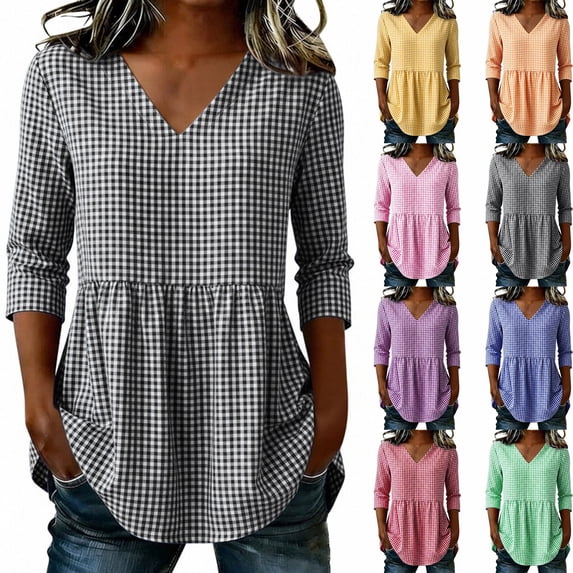 Ashirexll Womens Casual Tops Fashion Printed V-Neck Three Quarter ...