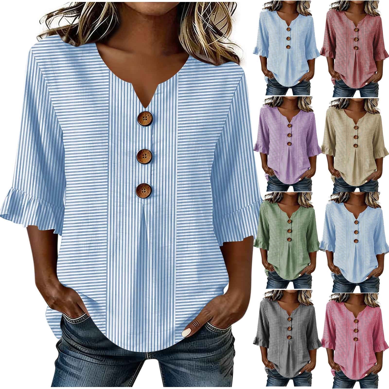 Ashirexll Womens Casual Tops Fashion Summer 3/4 Sleeve V-Neck Blouse ...