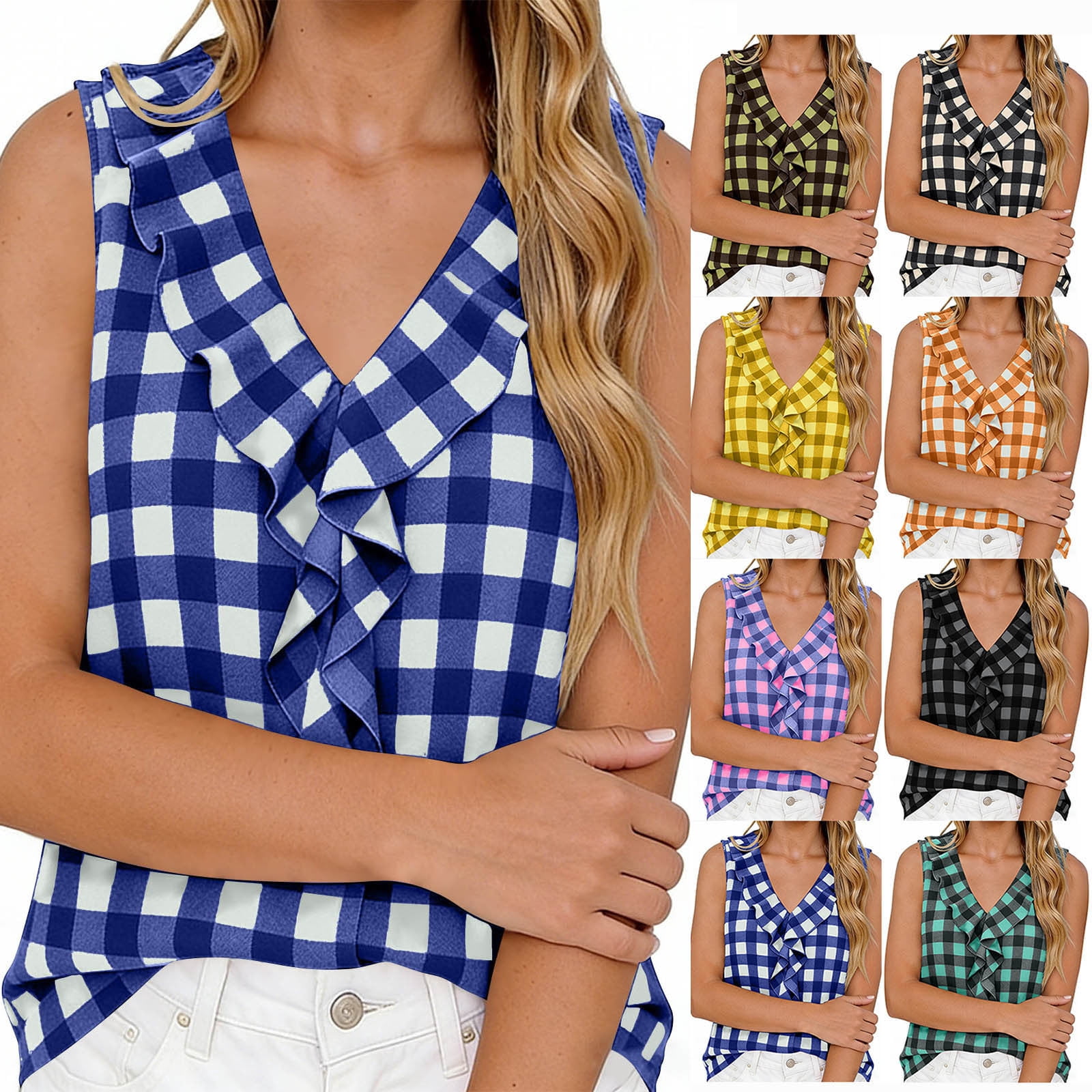 Ashirexll Womens Casual Tops Fashion Versatile Plaid V-Neck Sleeveless ...