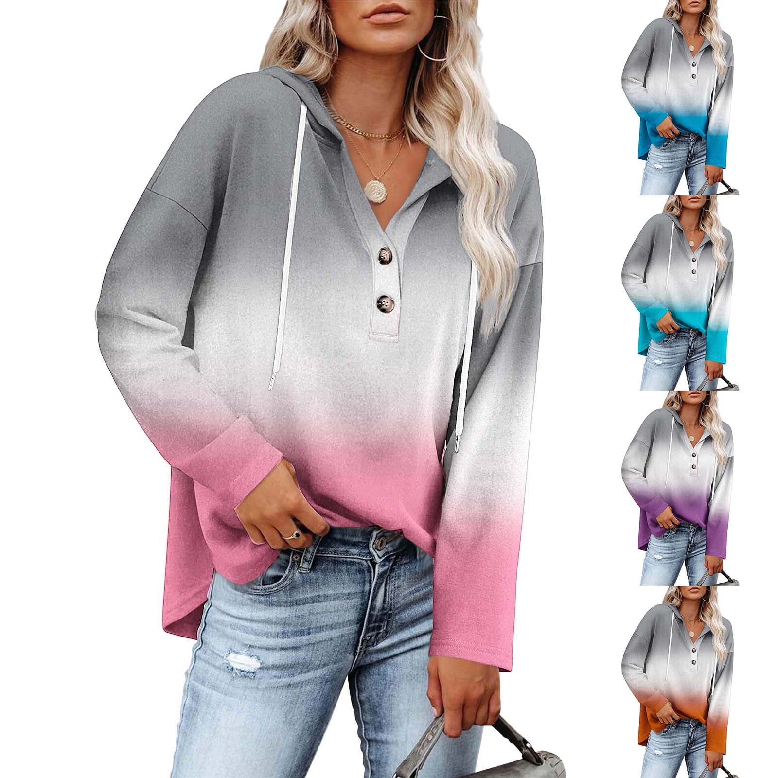 Ashirexll Womens Casual Tops Hooded Gradient Color Long Sleeve Button ...