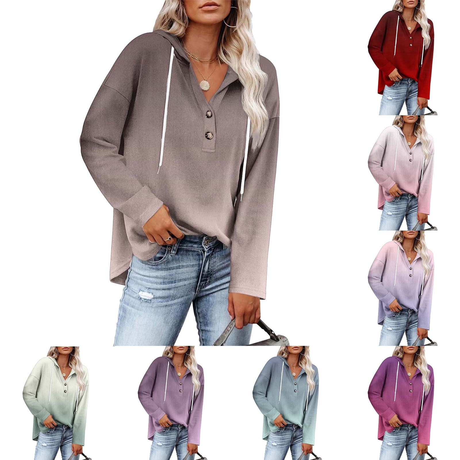 Ashirexll Womens Casual Tops Hooded Gradient Color Long Sleeve Button ...