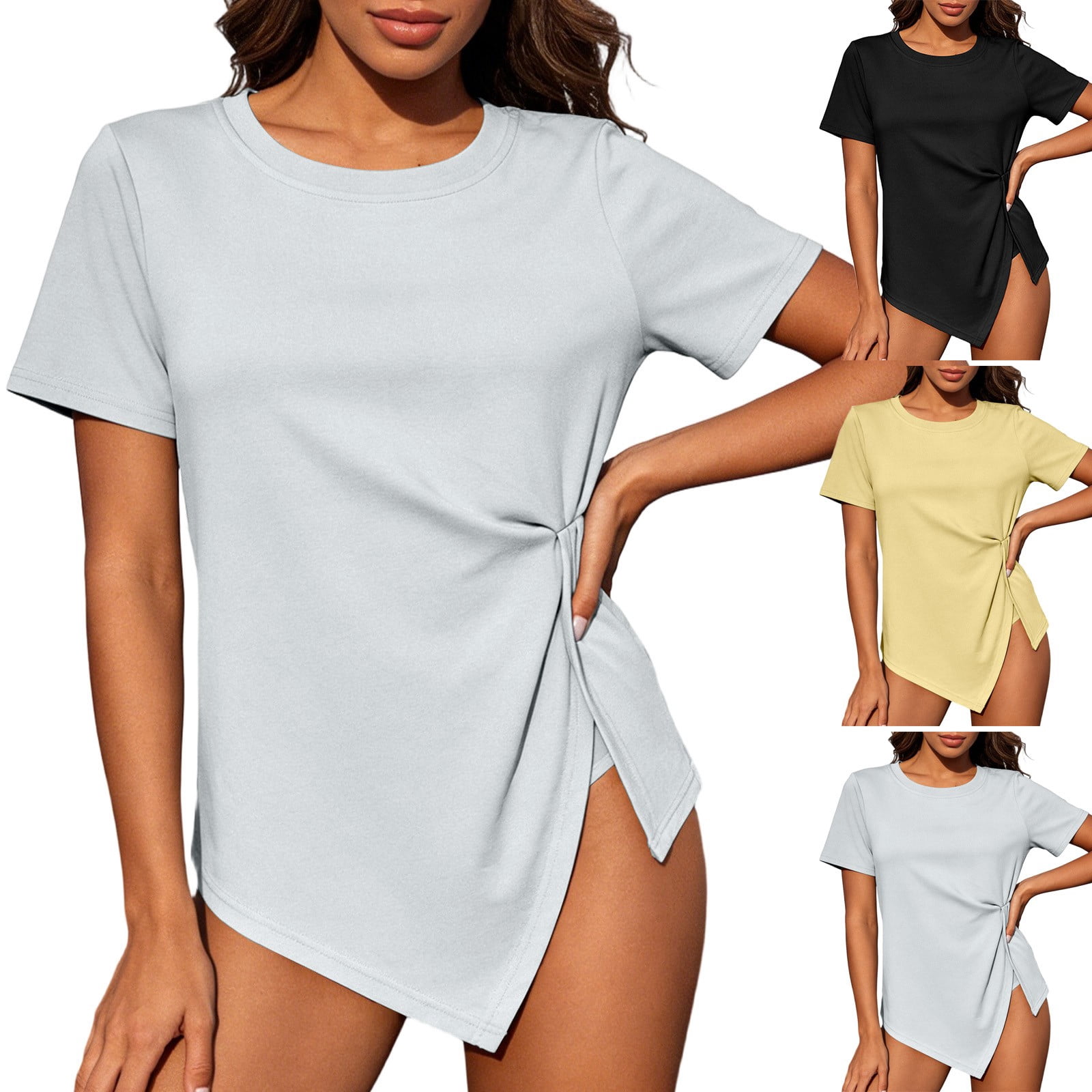 Ashirexll Womens Casual Tops Irregular Slit Solid Color Short Sleeve ...