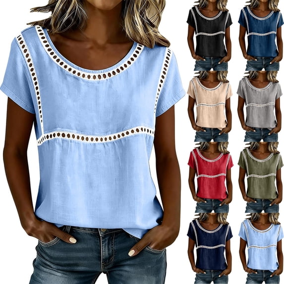 Ashirexll Womens Casual Tops Linen Top Solid Color Short Sleeve Fashion ...
