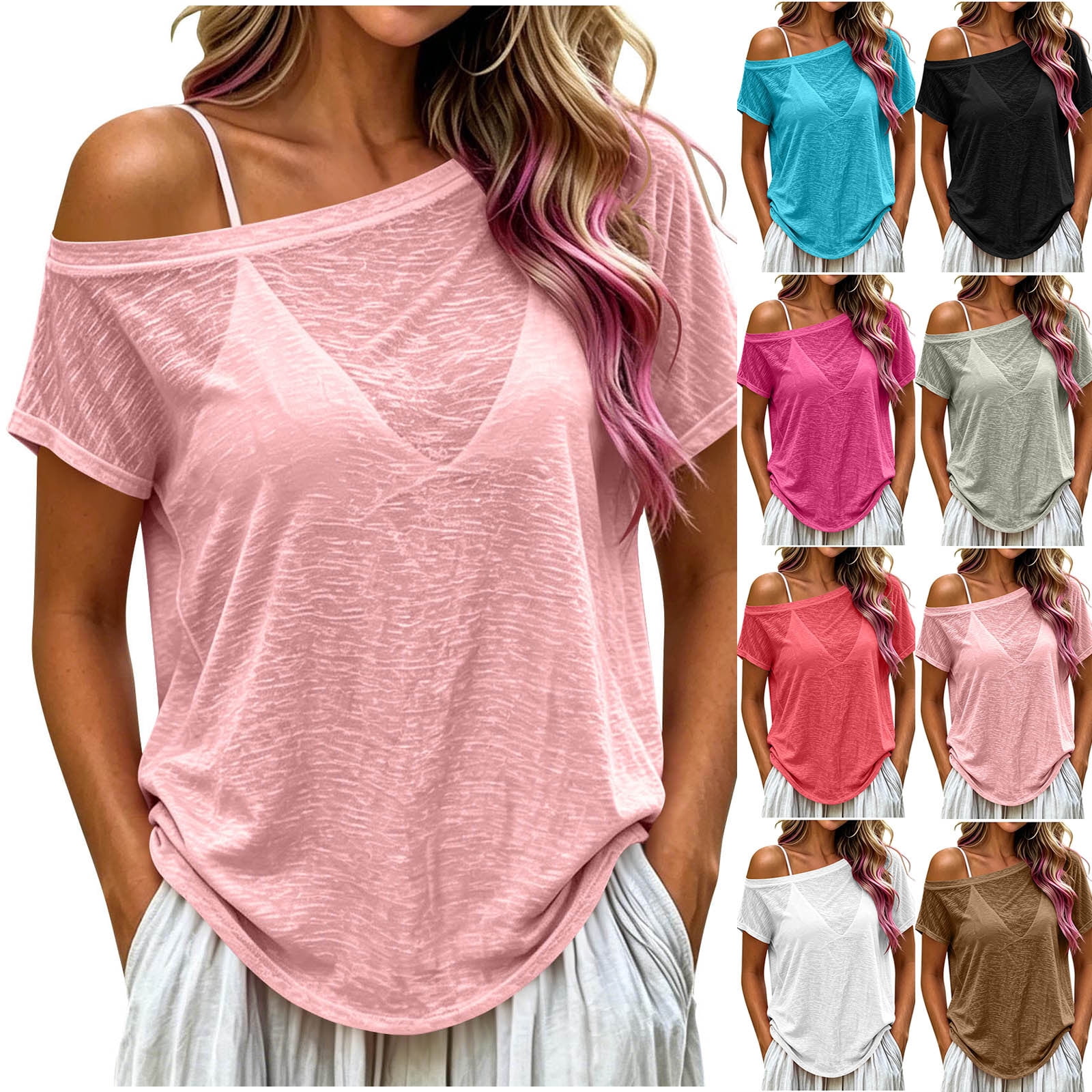 Ashirexll Womens Casual Tops Slouch Shoulder Lightweight Mesh T-Shirt ...