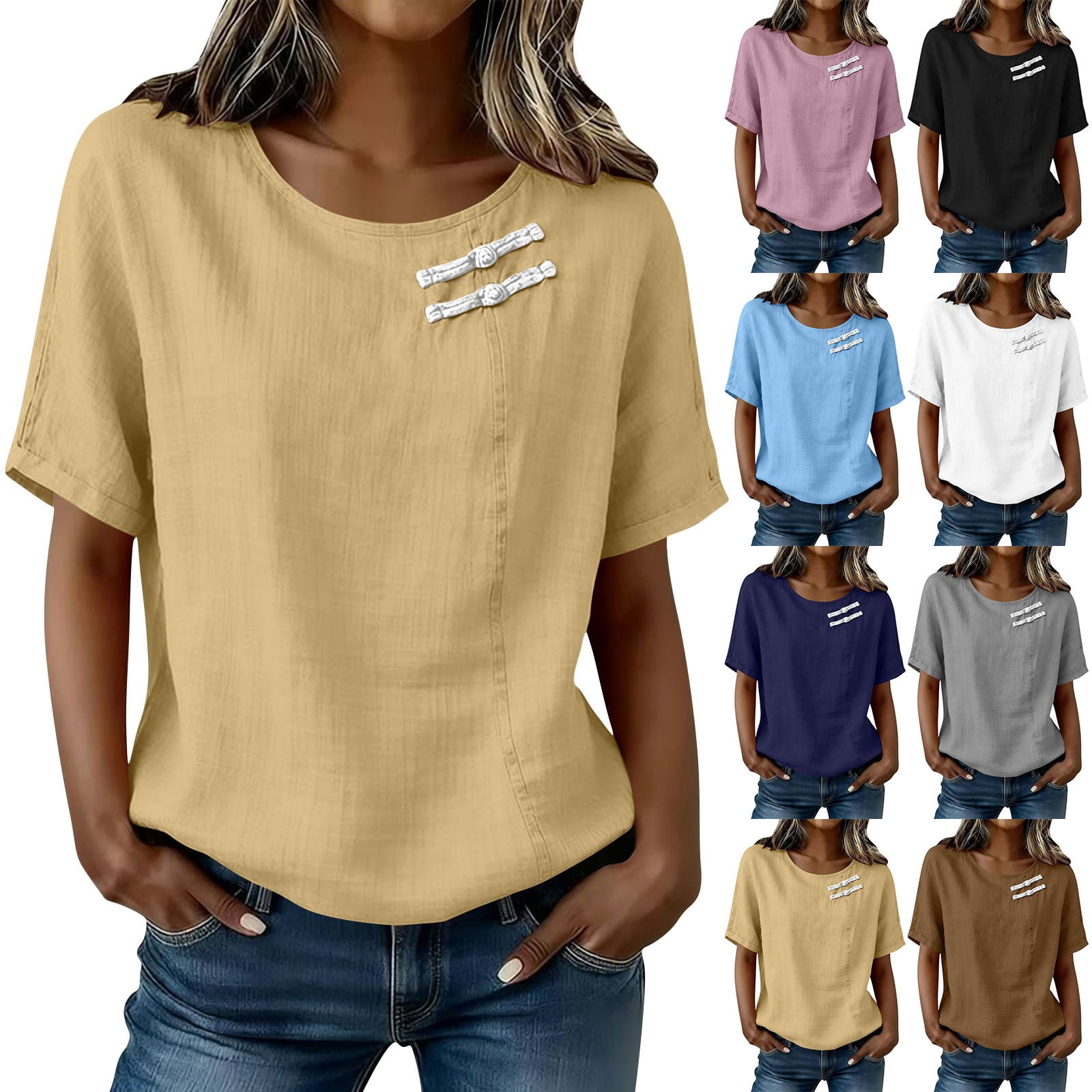 Ashirexll Womens Casual Tops Solid Color Round Neck Short Sleeve Top ...
