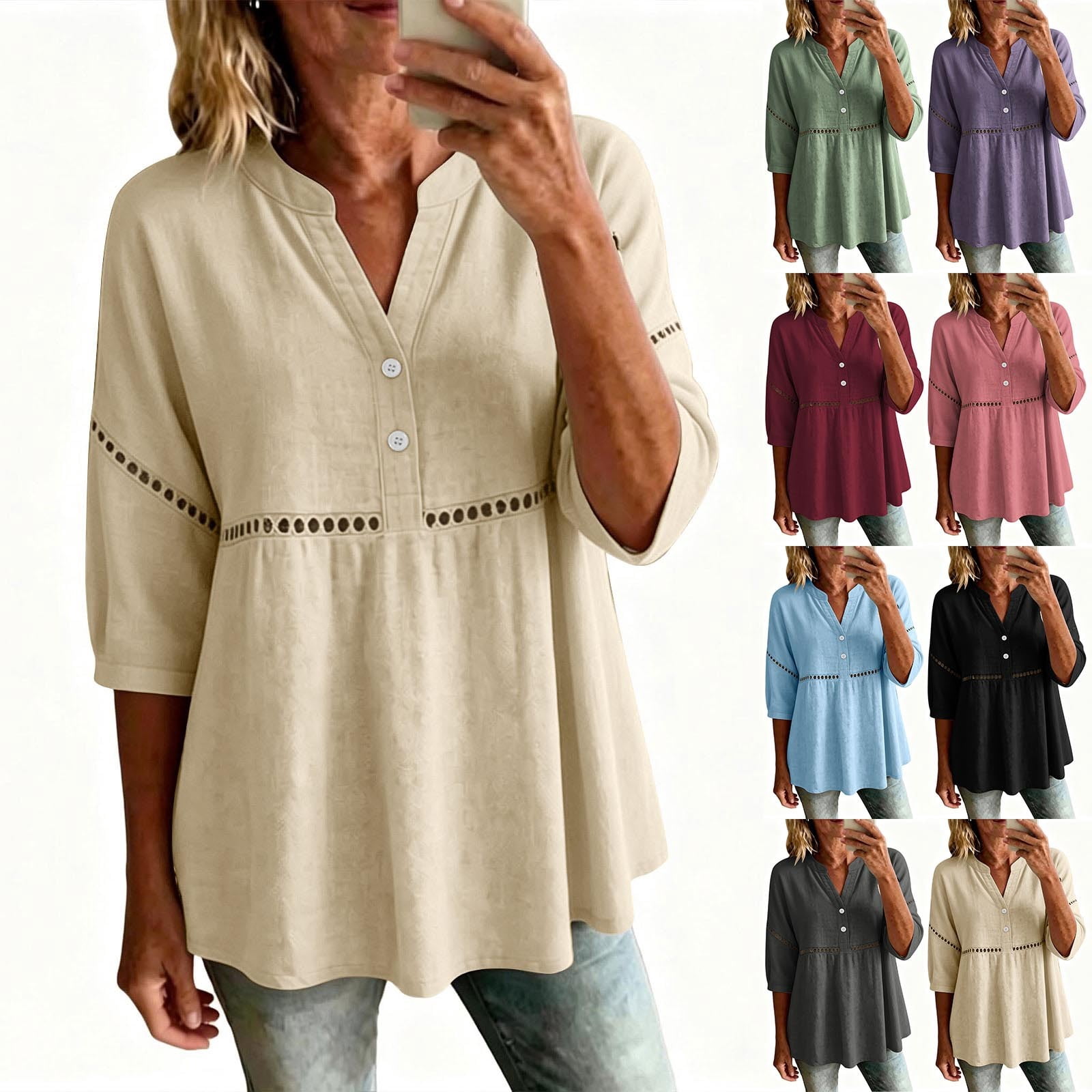 Ashirexll Womens Casual Tops Solid Color V-Neck Hollow Out Five Quarter ...