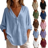 Ashirexll Womens Casual Tops Spring Summer Casual V-Neck Buttoned Long ...