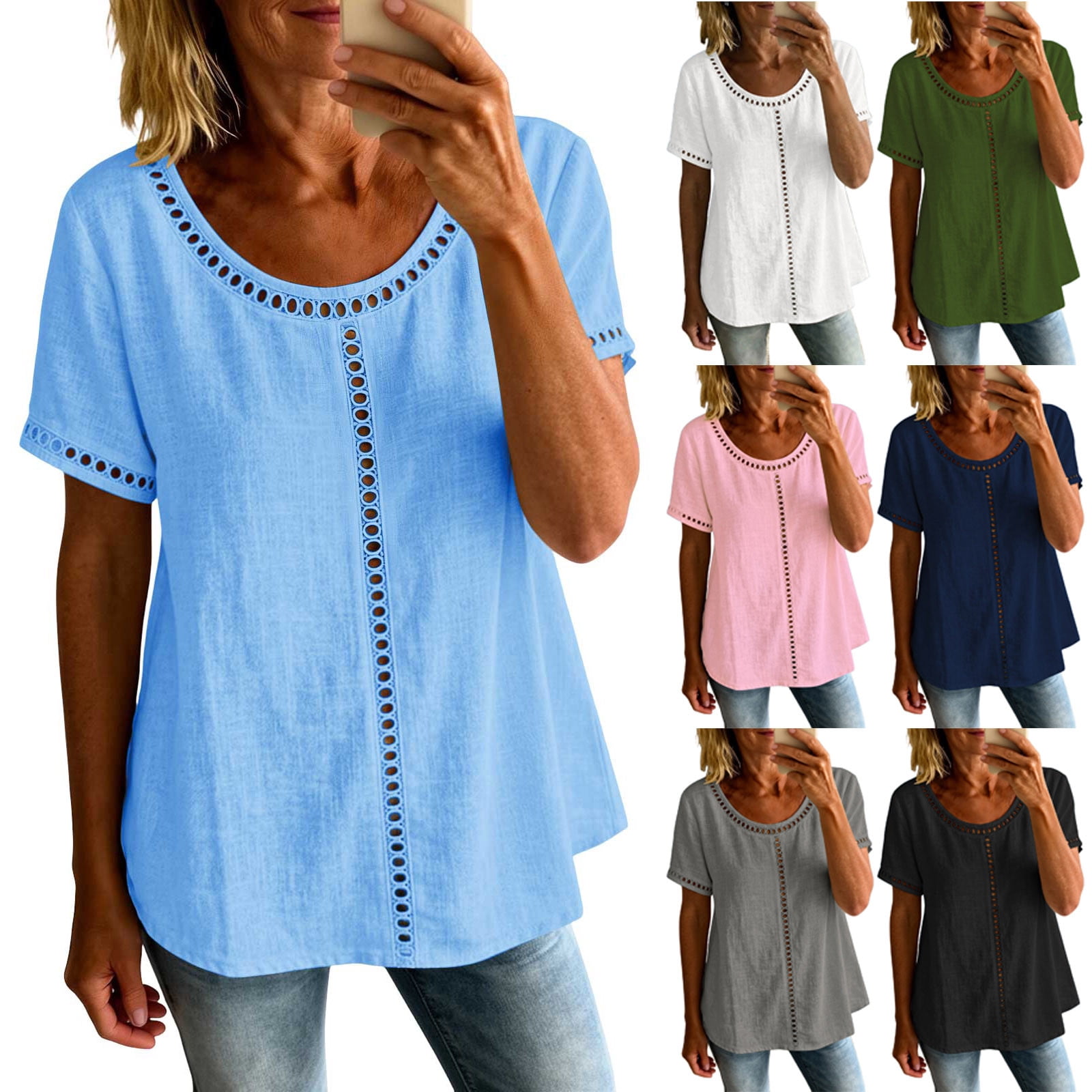 Ashirexll Womens Casual Tops Spring and Summer Buttoned Round Neck ...
