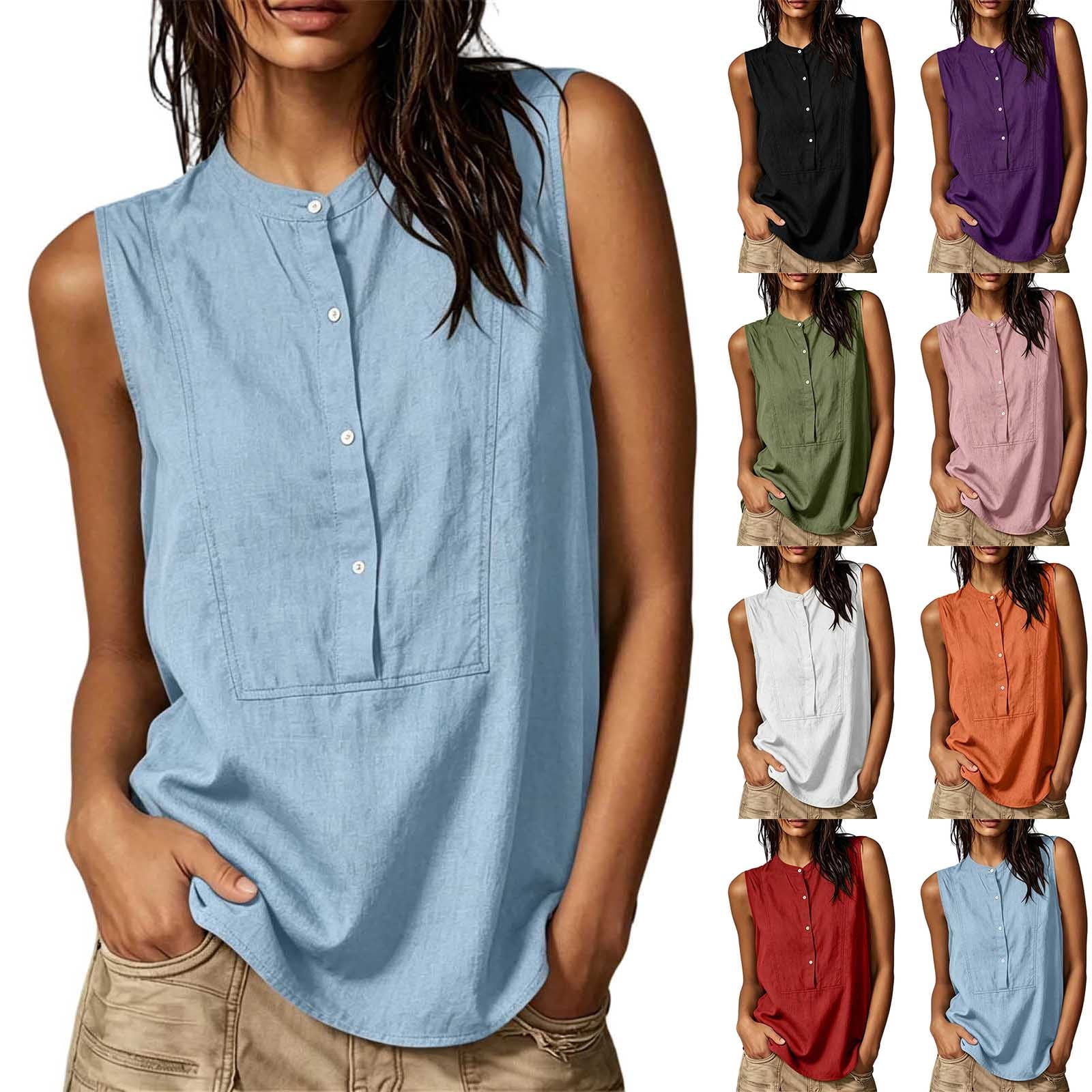Ashirexll Womens Casual Tops Summer Solid Color Button Linen Sleeveless ...
