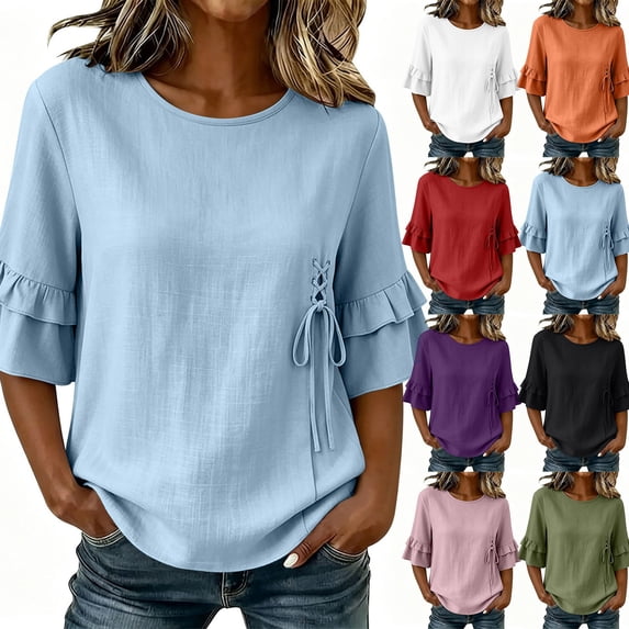 Ashirexll Womens Casual Tops Summer Solid Color Crew Neck Three Quarter ...