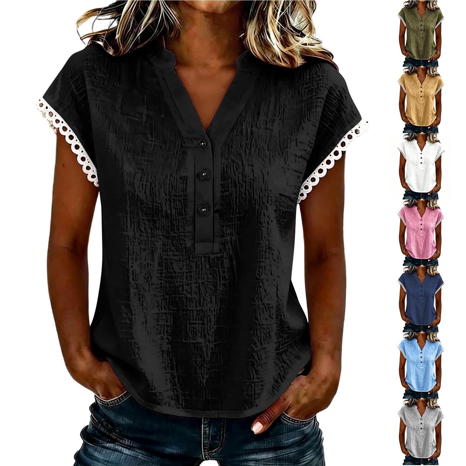 Ashirexll Womens Casual Tops Summer Solid Color Linen V-Neck Button ...