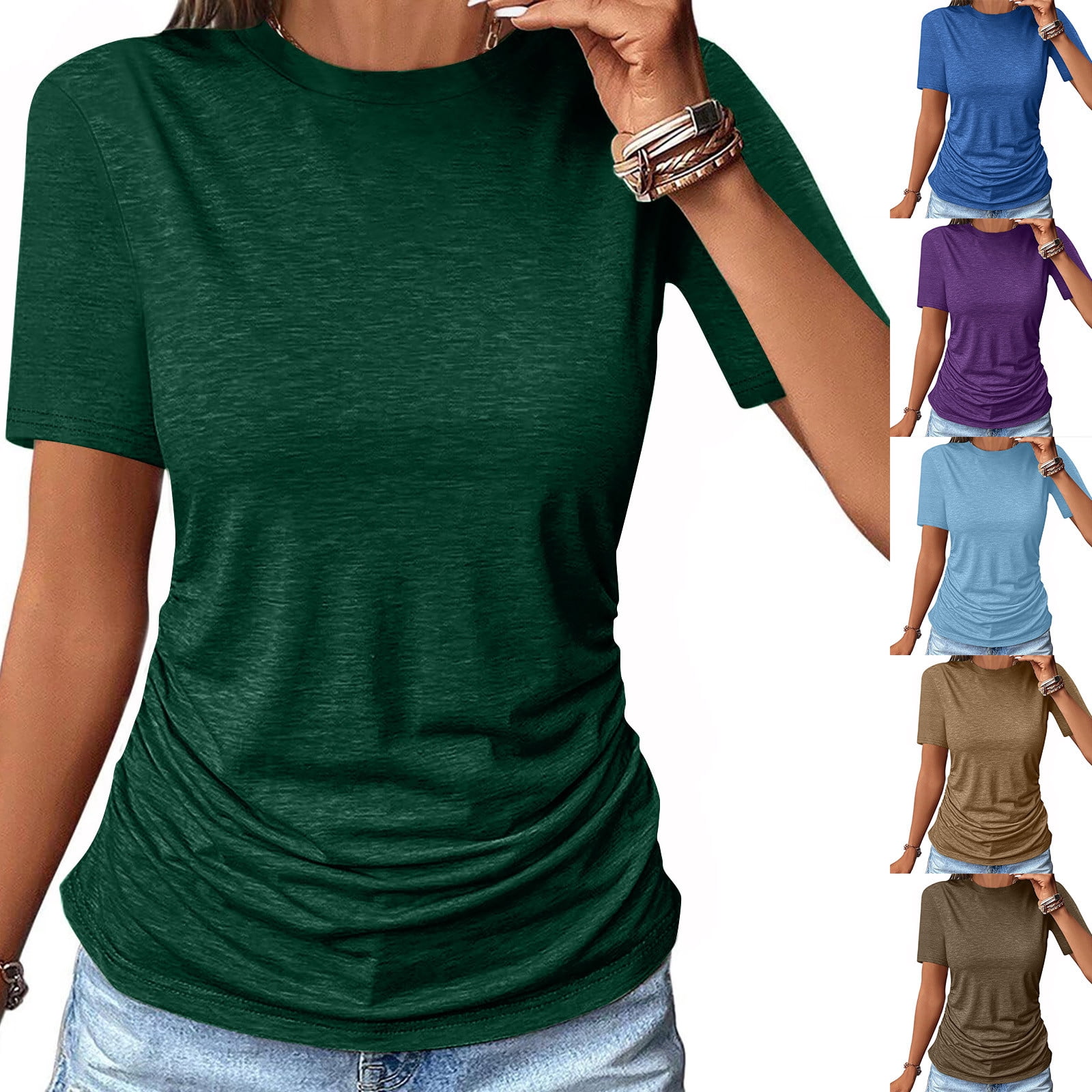 Ashirexll Womens Casual Tops Summer Solid Color Round Neck Short Sleeve ...