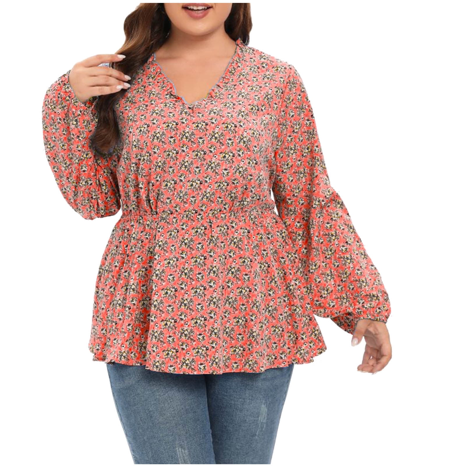 Ashirexll Womens Long Sleeve Tops Fashion Plus Size V-Neck Loose Fit ...