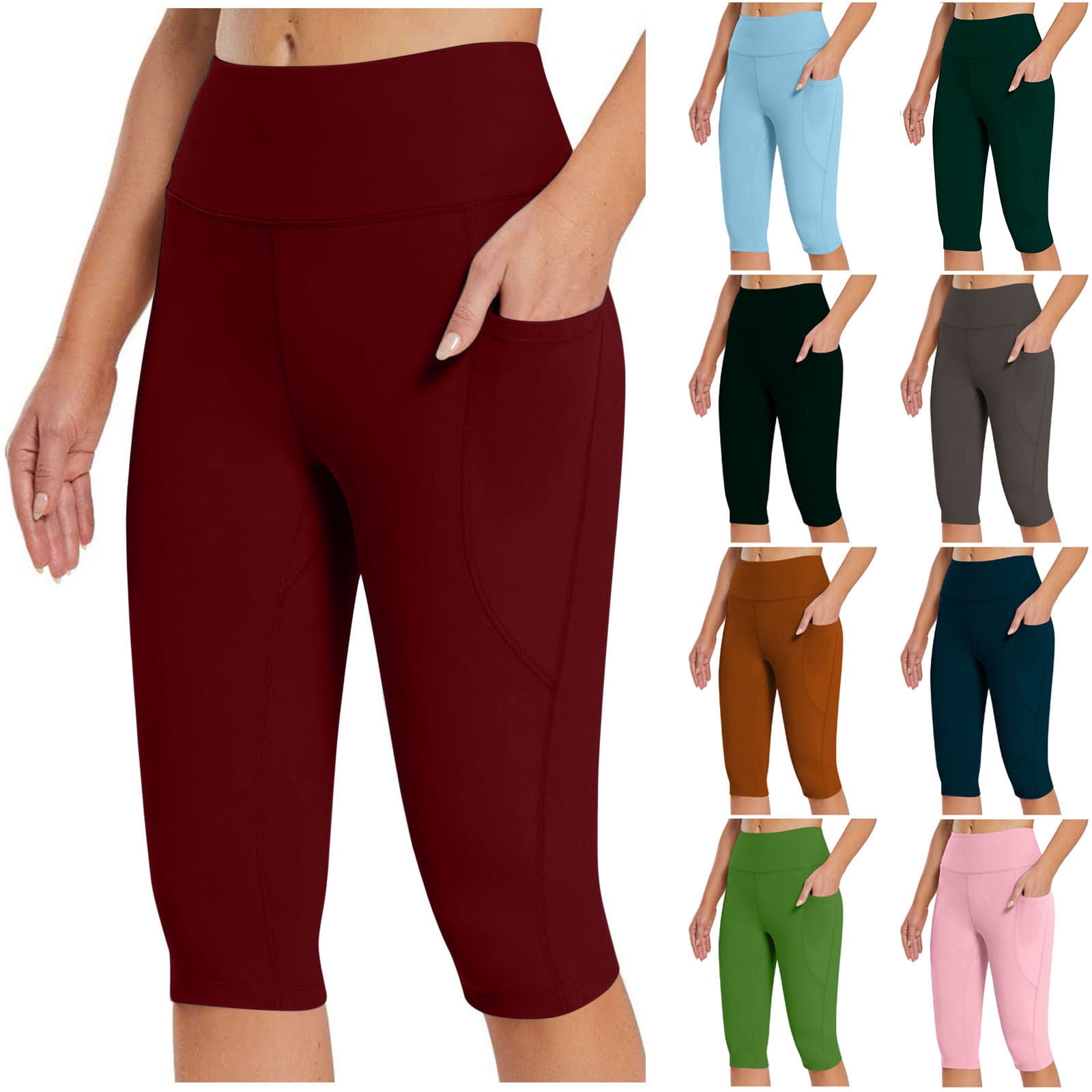 Ashirexll Womens Summer Pants, Yoga Pants Women, High Waisted Knee Length Pocket Workout Yoga ...
