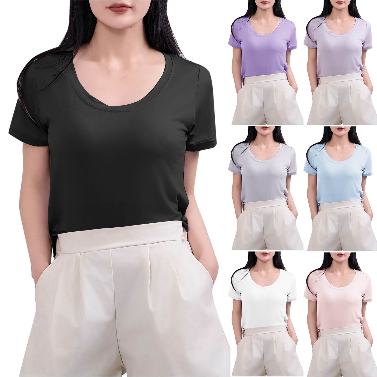 Ashirexll Womens T Shirts Summer Tops for Women Casual Round-Neck Solid ...