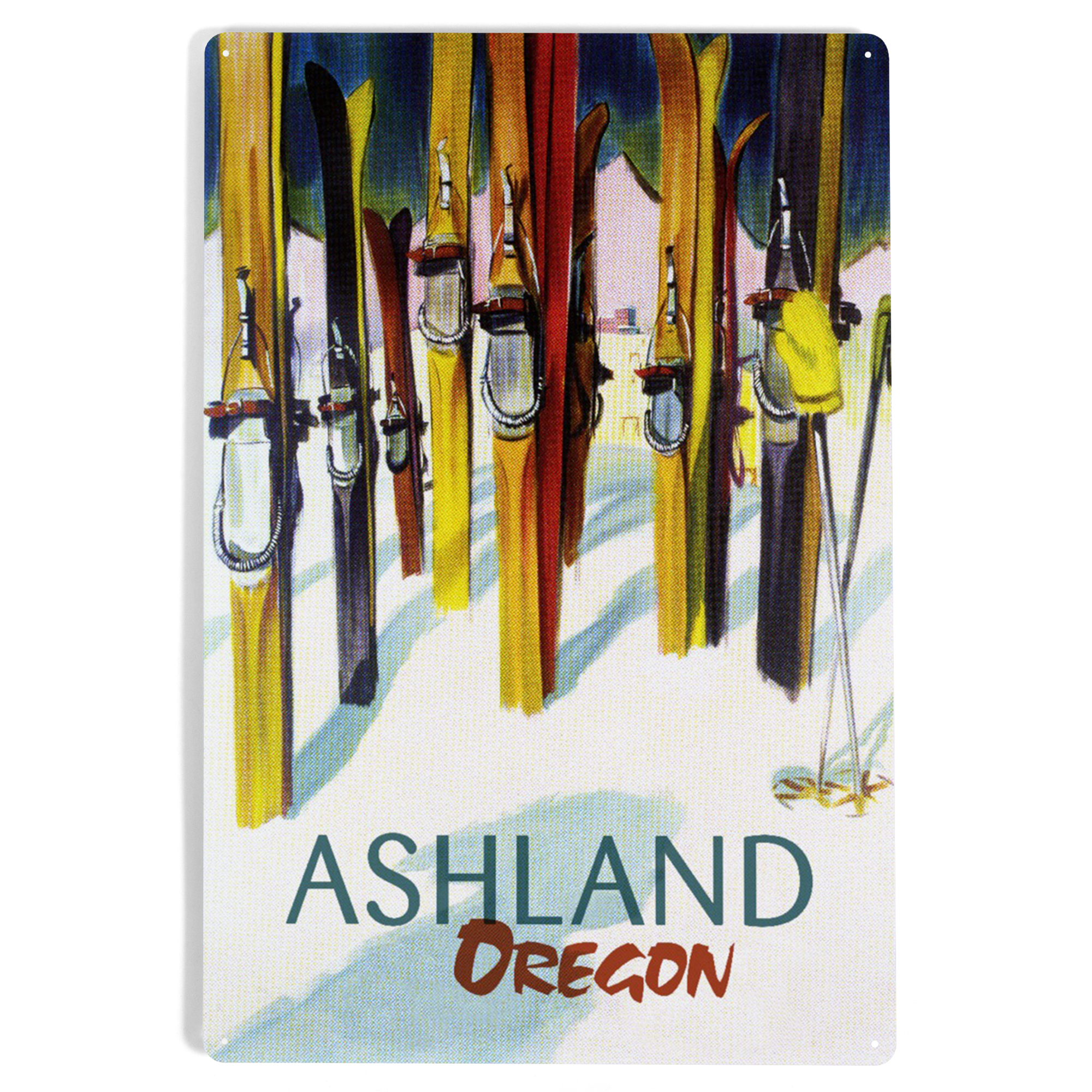 Ashland, Oregon, Oil Painting, Colorful Skis (12x18 Aluminum Art ...
