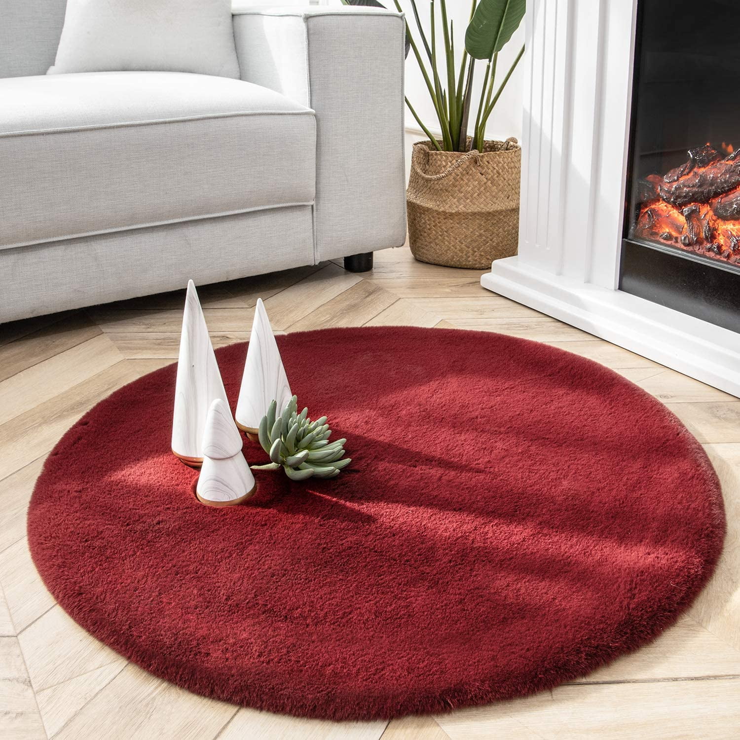 Ashler Faux Fur Rug, Ultra Soft Faux Rabbit Fur, Red Area Rugs, 3 x 3 ...