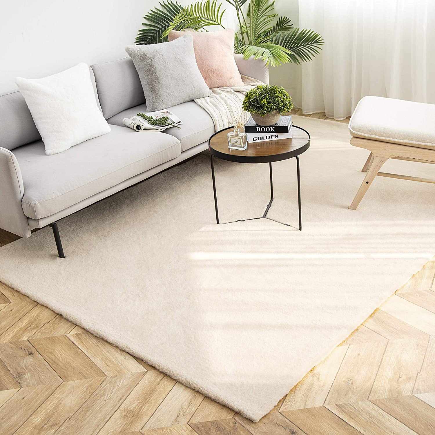 Ashler Faux Rabbit Fur Rug, Beige 5x7 ft Soft Fluffy Faux Fur Rug ...