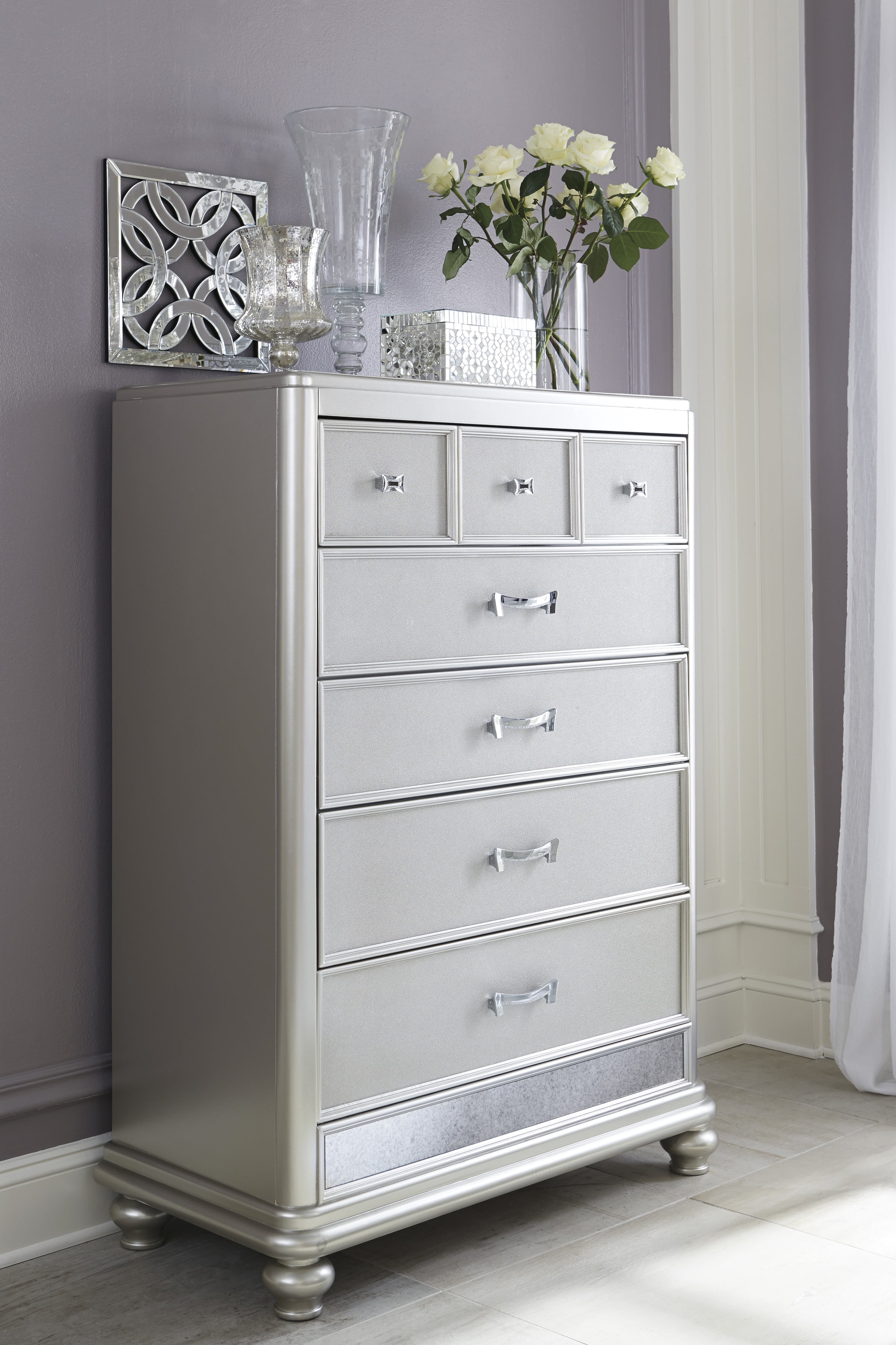 Ashley Furniture Coralayne Tall 5 Drawer Dresser Chest in Silver ...