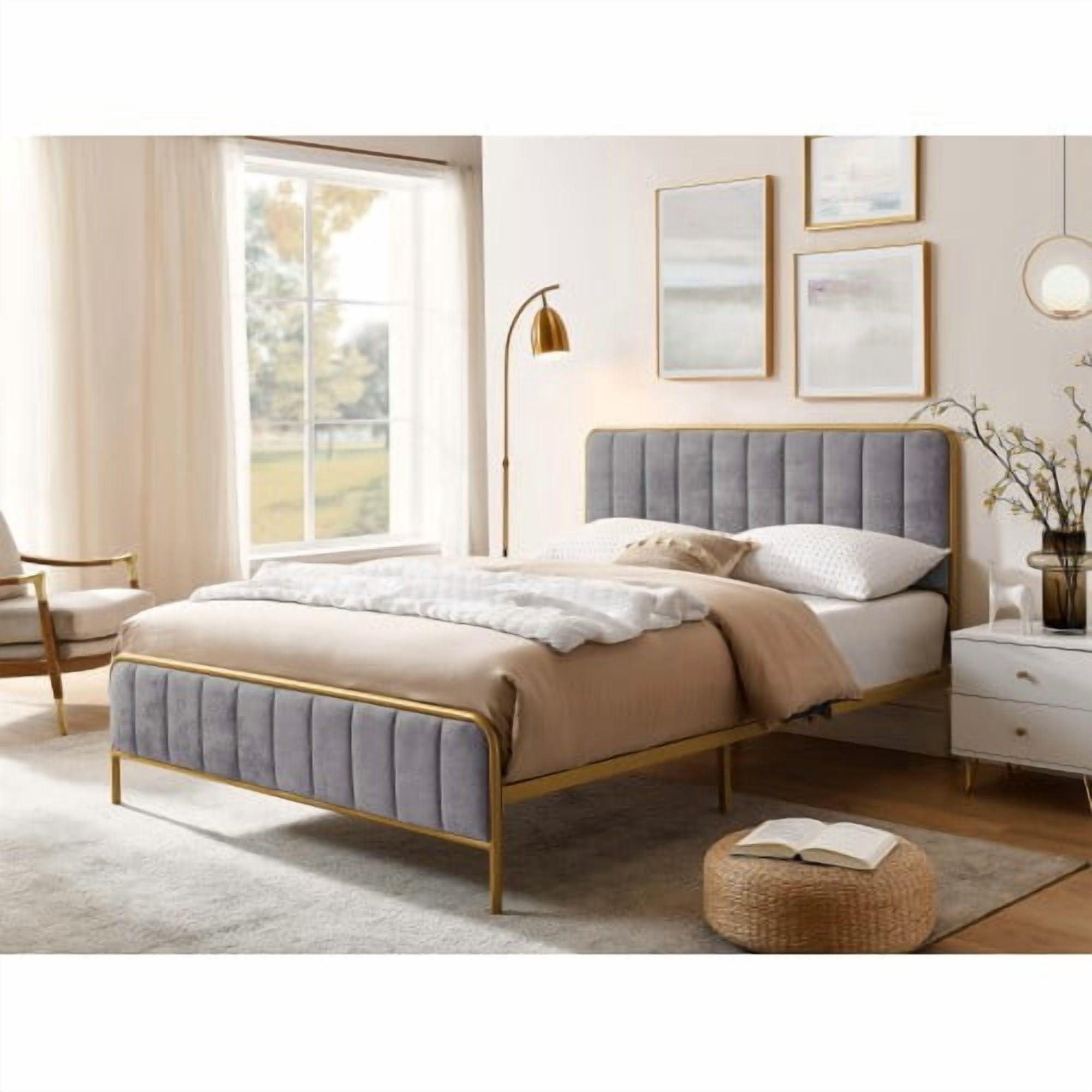 Ashley Queen Upholstered Bed Frame, Tufted Headboard Platform Bed with ...
