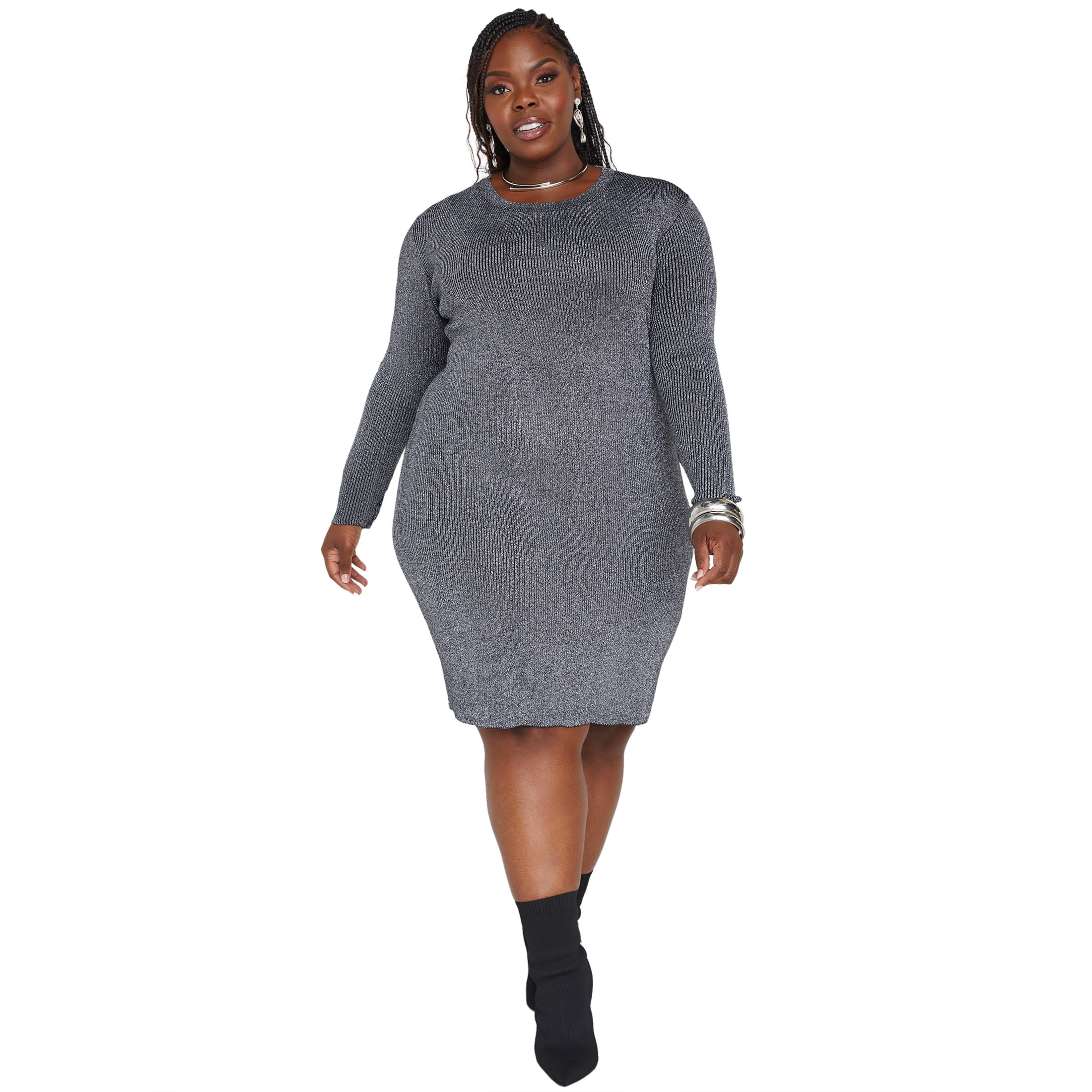 Ashley Stewart Womens Plus Size Lurex™ Bodycon Sweater Dress Black