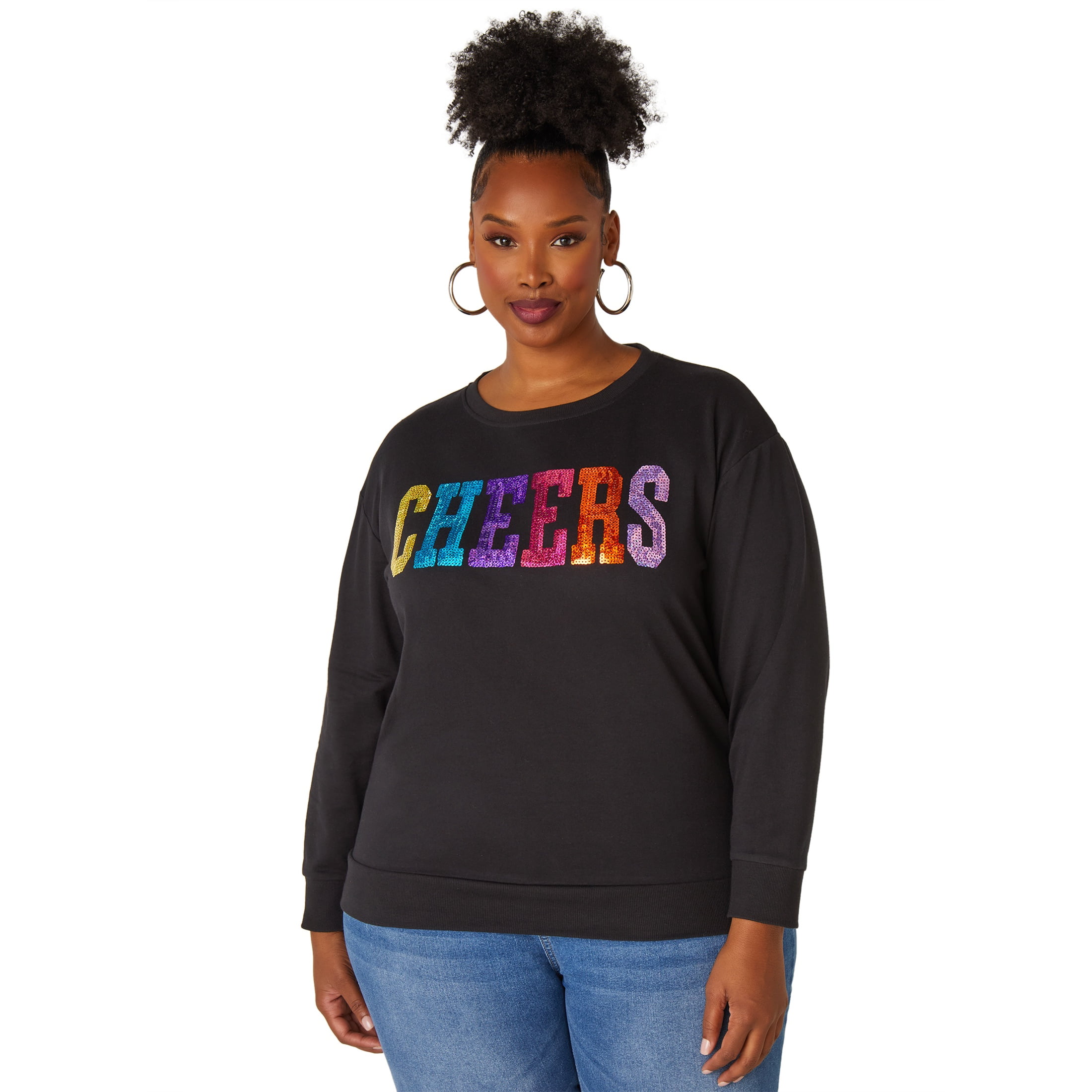Ashley Stewart Women's Plus Size Cheers Sequin Embellished Sweatshirt, Black - Walmart.com