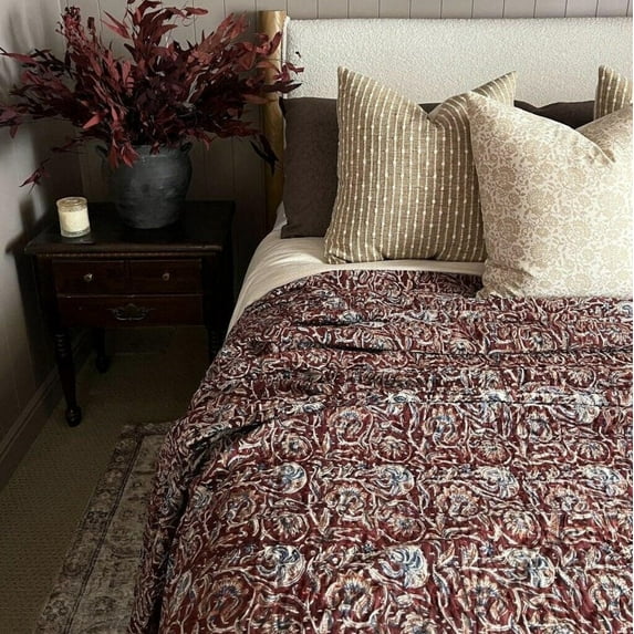 Ashlyn Kantha Quilt Burgundy Quilt Handblock Print Handmade Cotton ...