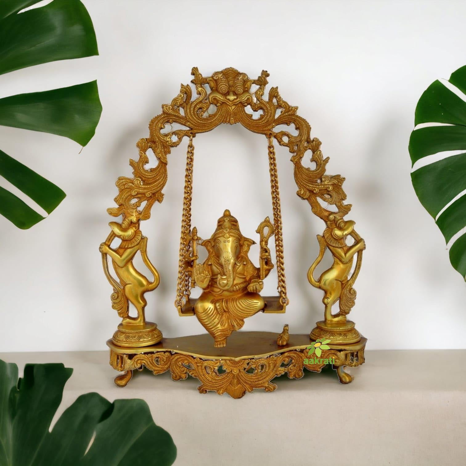 Ashopi Ganesh Sitting On Carved Swing Having Yali Face Brass Statue ...