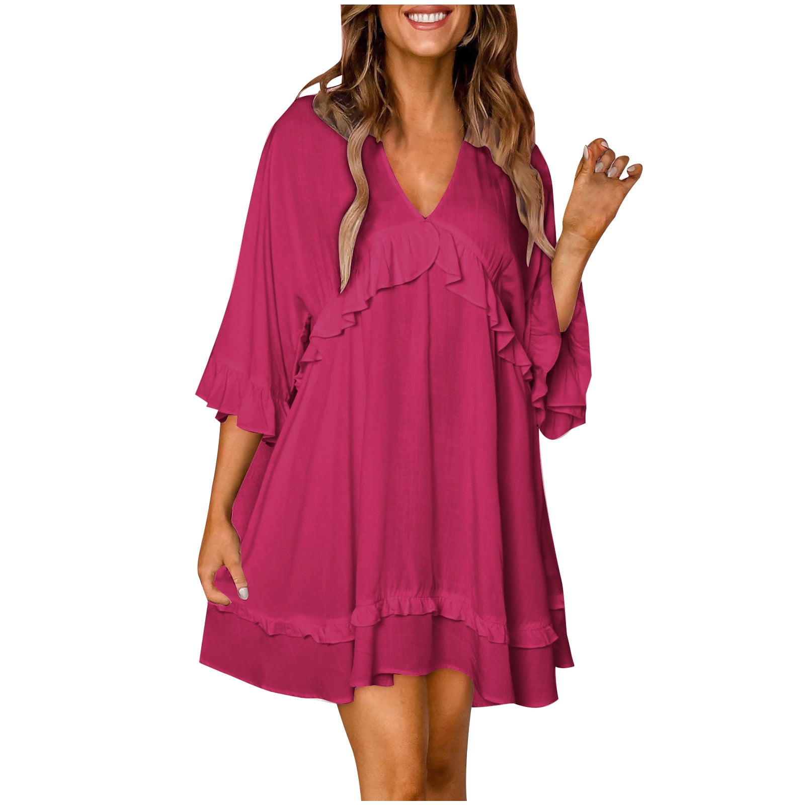 Ashosteey Women's 2024 Summer Dress Mini Ruffle Layer A-Line Dress V ...