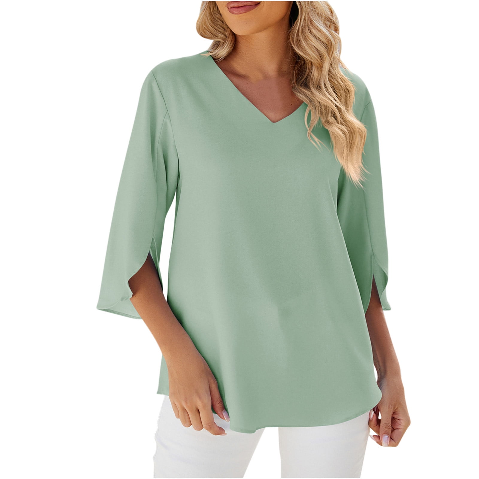 Ashosteey Women's 3/4 Sleeve Chiffon Shirt V Neck Casual Dressy Tunic ...