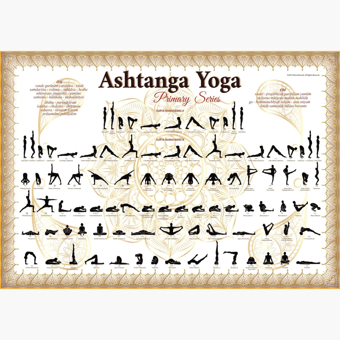 Ashtanga Yoga Poster, White And Gold Primary Series, Mantra Card ...