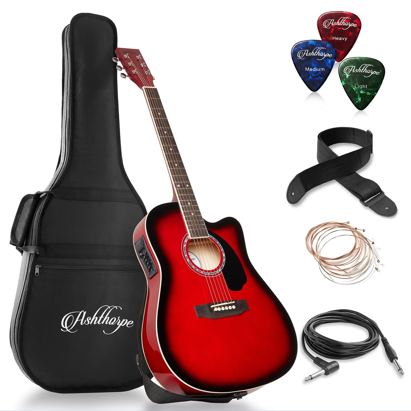 Ashthorpe Full-Size 41-Inch Cutaway Thinline Acoustic Electric Guitar ...